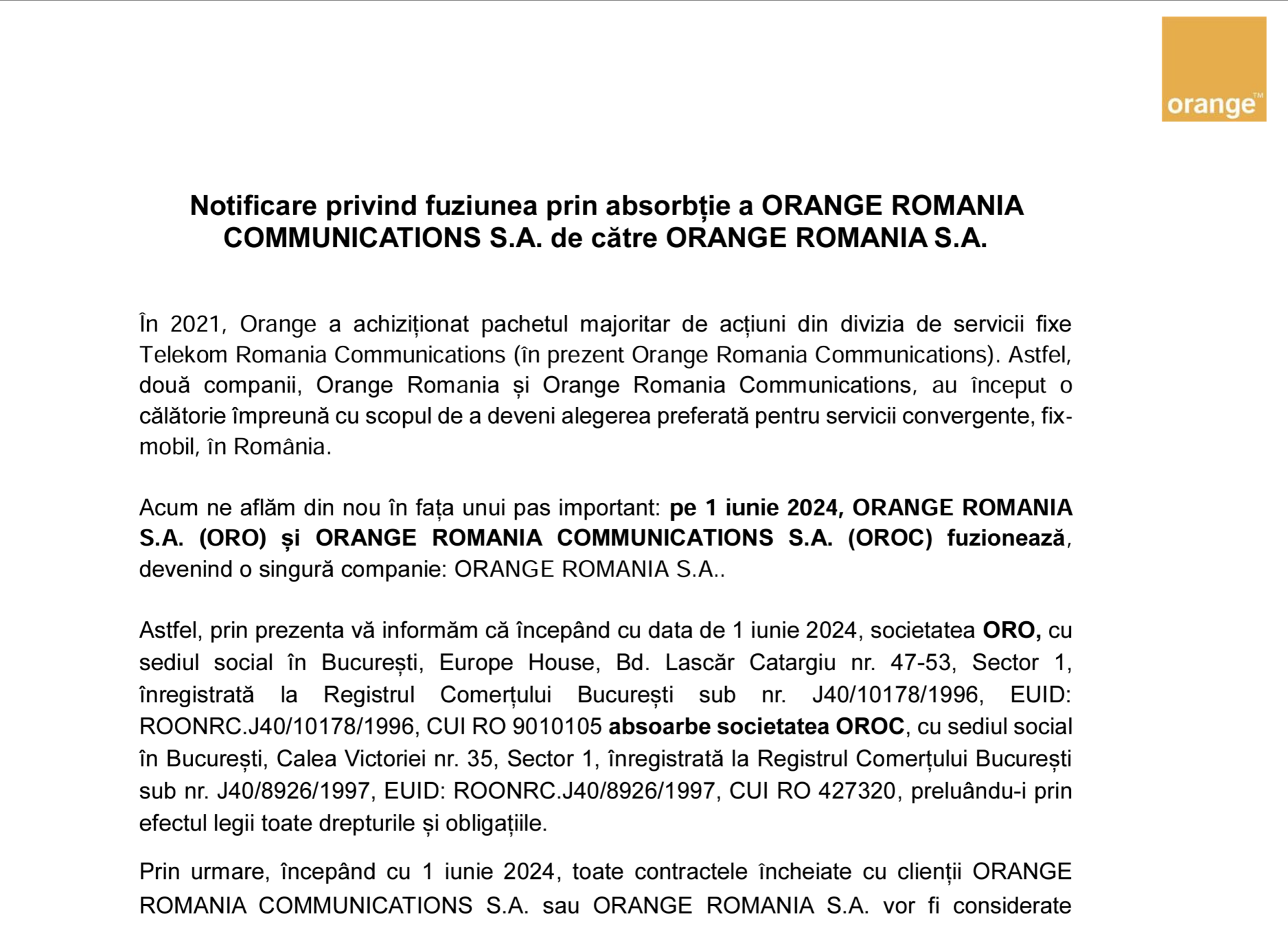 Orange România SA şi Orange România Communications SA vor fuziona ...